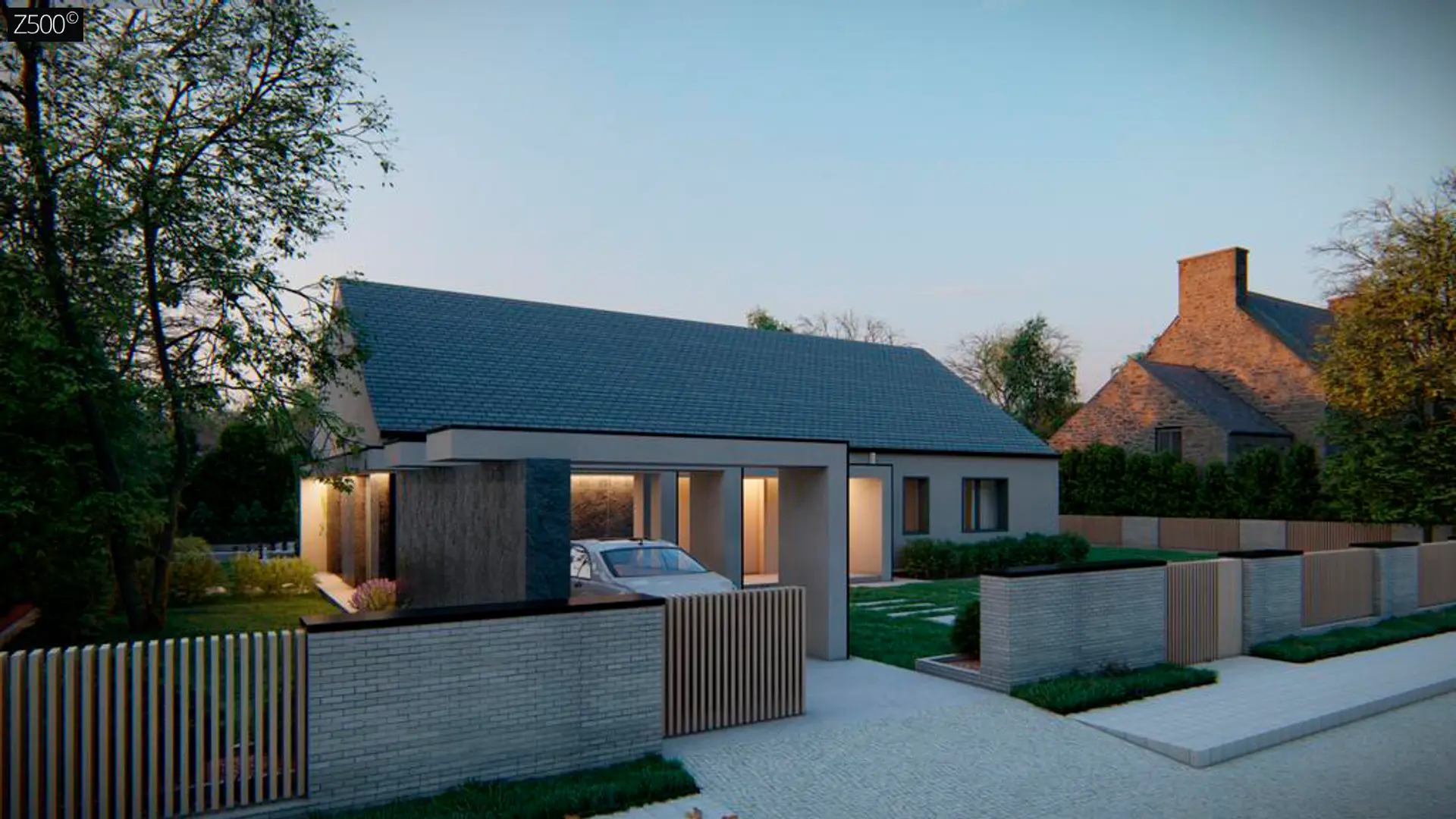 Z500. Проект Z518 одноэтажного дома с гостиной, кухней, 3 спальнями для сна, без гаража 147 м2