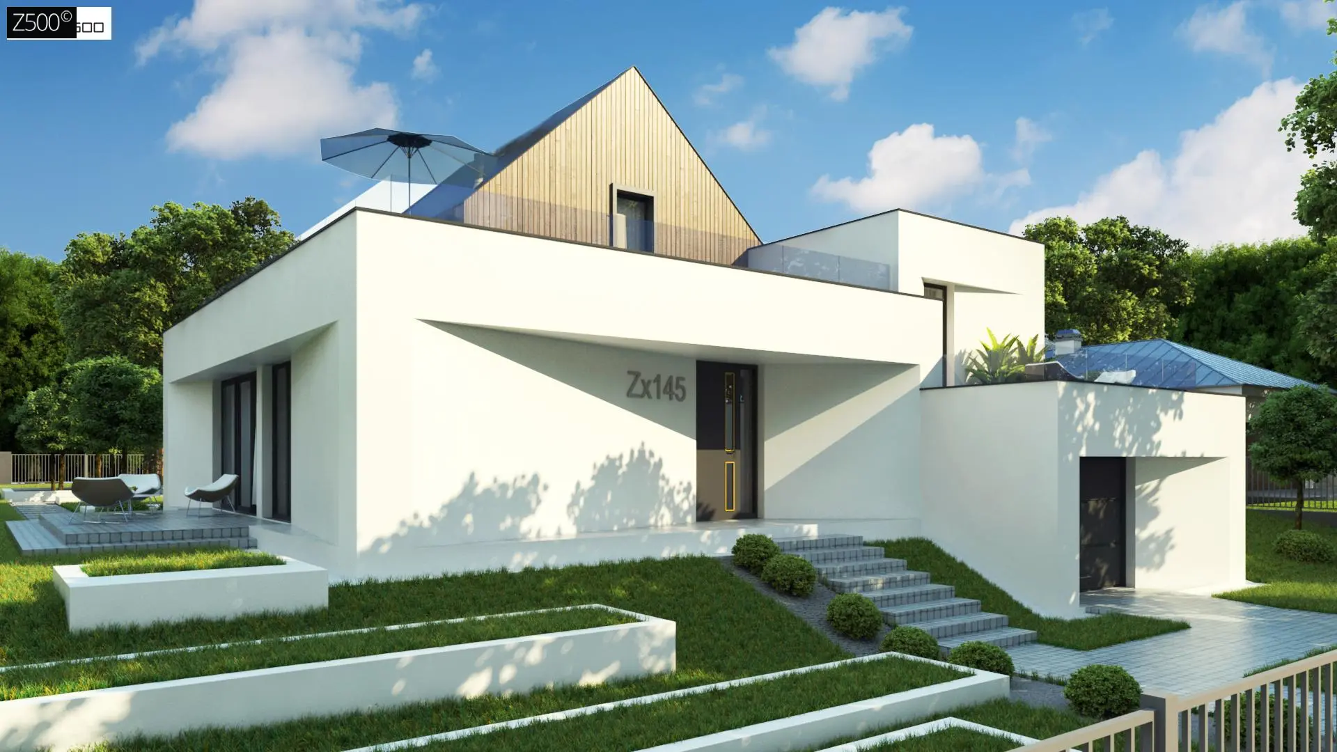 Z500. Проект Zx145 современного коттеджа с цоколем и мансардой 181 м2