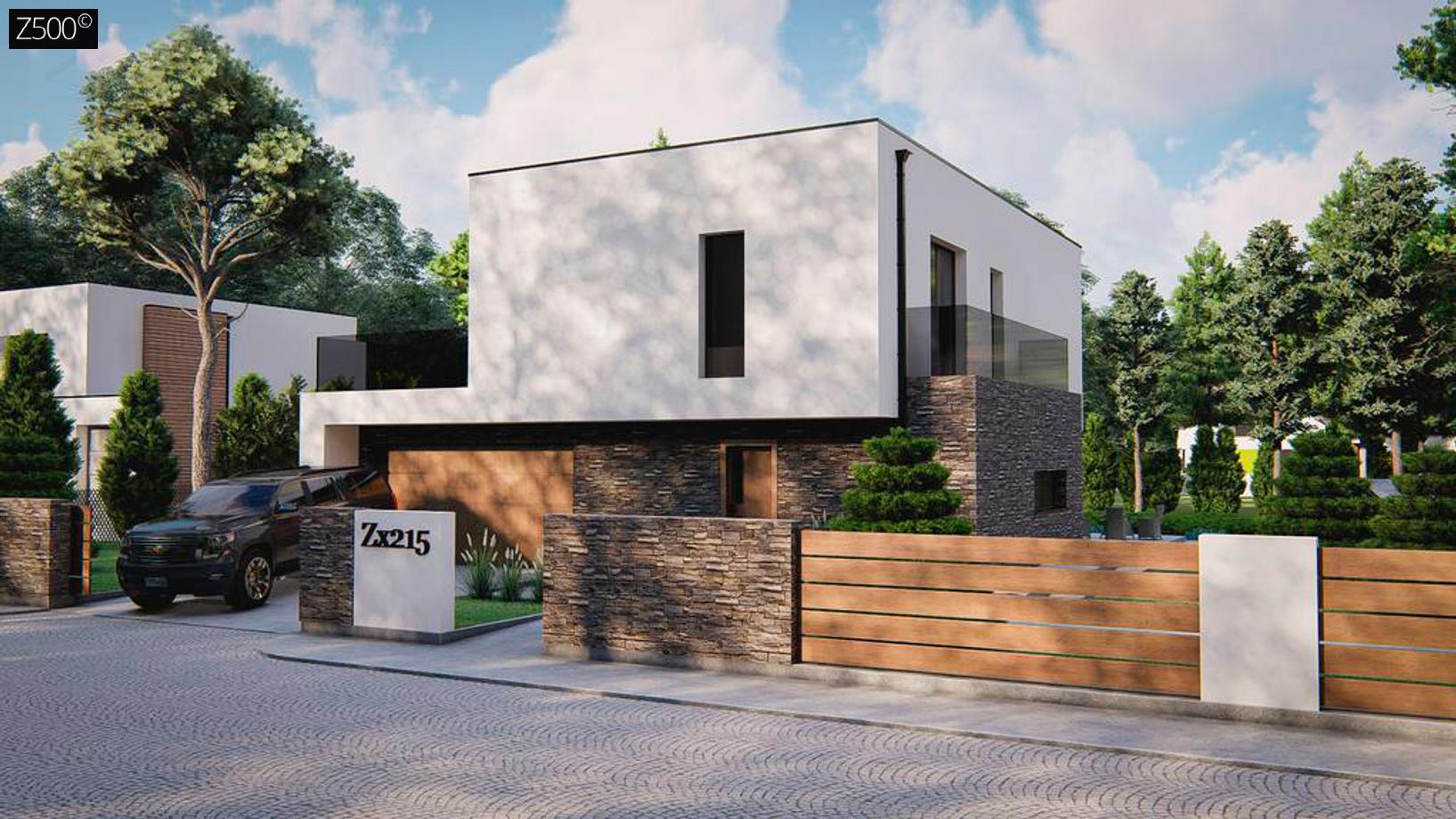 Z500. Проект Zx215 двухэтажного дома с плоской кровлей и гаражом на 2 машины 198 м2